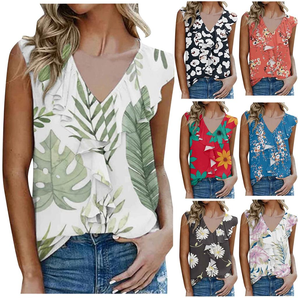 (Qunide) Womens Tops Summer Ruffle V Neck T Shirts Sleeveless Tank Top ...