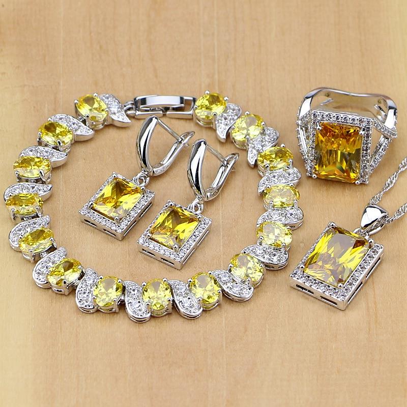 Square Silver Color Jewelry Yellow Cubic Zirconia Jewelry Sets For ...