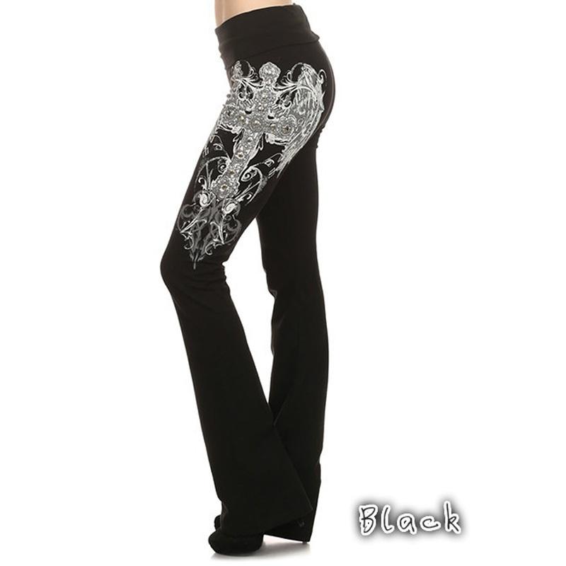 Buy Womens High Waist Angel Wing Printed Long Pants Casual Black Flare ...