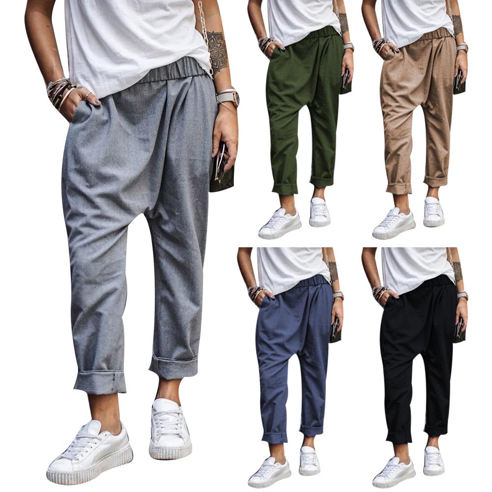 Satın Alın Casual Women Plus Size Loose Harem Pants Solid Color Elastic