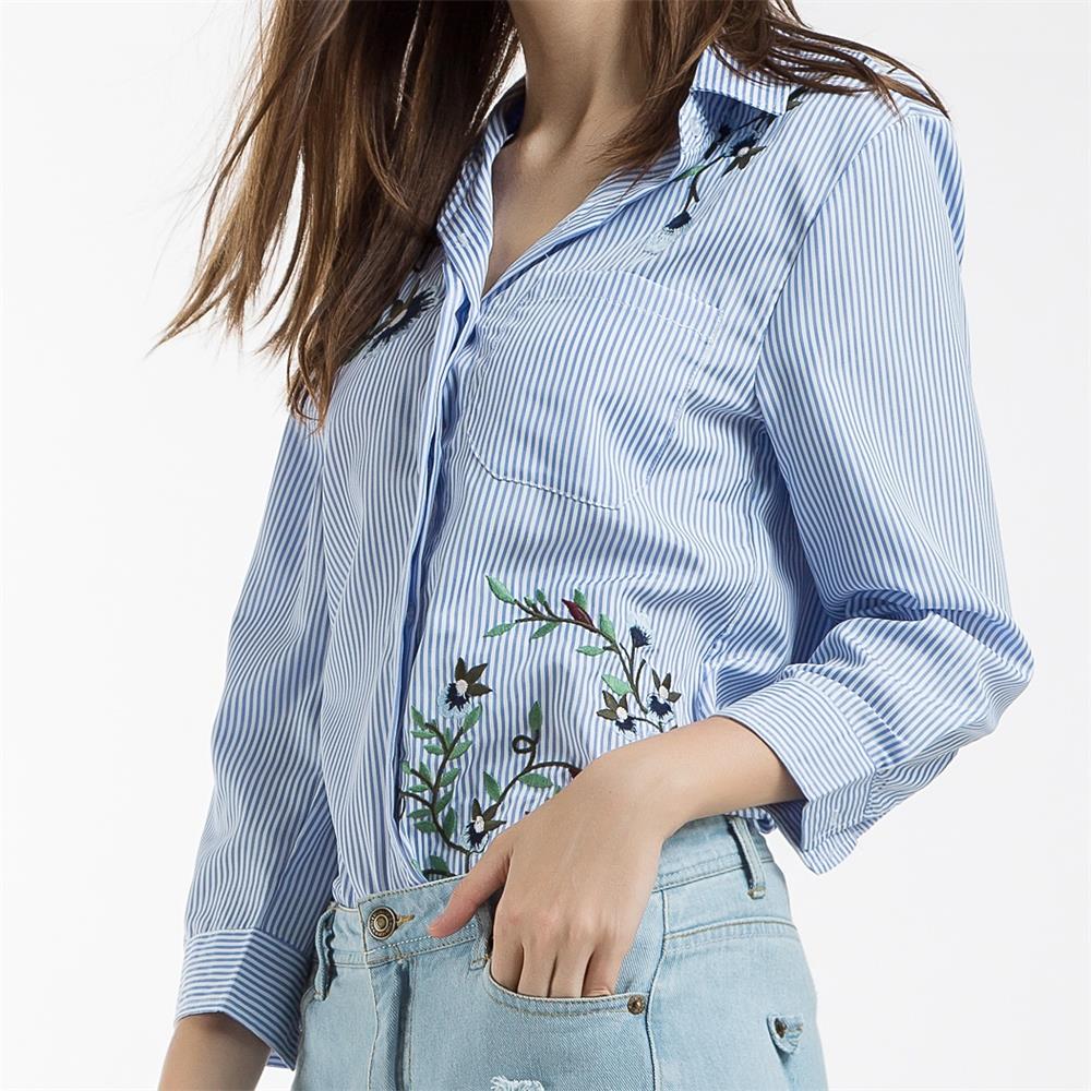 Women Flower Pattern Shirt Ladies Striped Long Sleeve Stand Collar ...