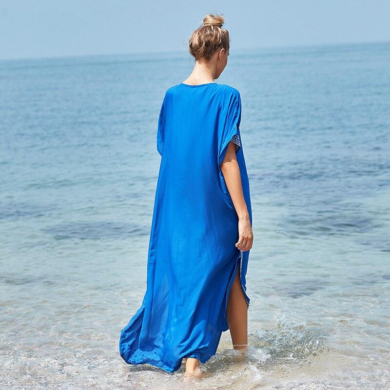 Buy Bohemian Embroidered Kaftan Beach Dress Women Blue Long Cotton Side ...