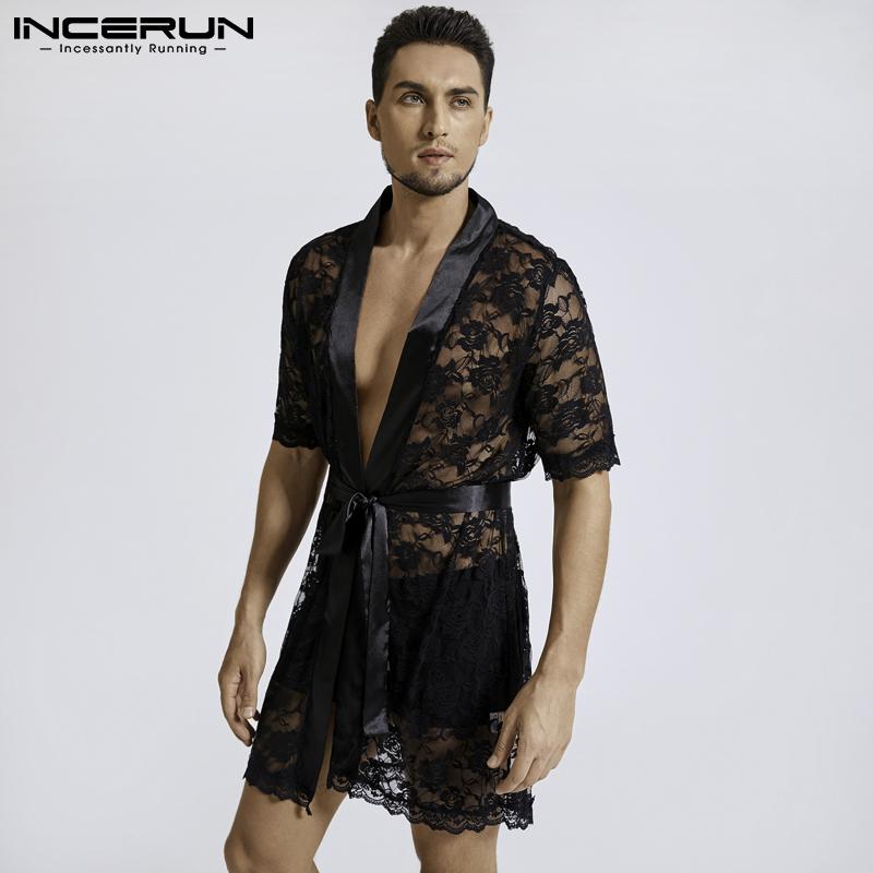 Cheap INCERUN See Through Men's Lace Short Sleeve Mesh Sheer Tunic ...