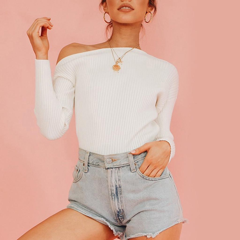 Buy Women Sexy Off Shoulder Long Sleeve Solid T-Shirt Sweater Blouse at ...
