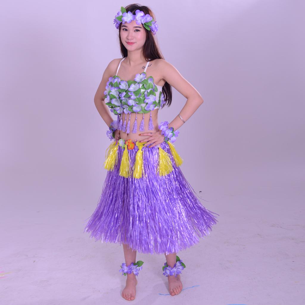 Buy 8/set Girls Women Hawaiian Hula Grass Skirt Bra Lei Set Costume ...