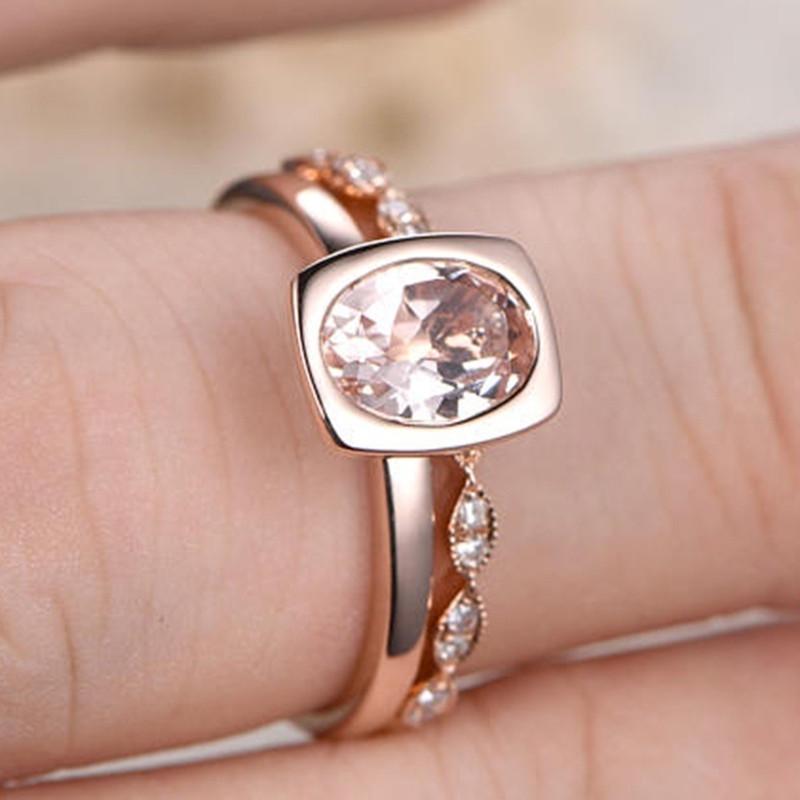 Cheap Solid Square Rose Gold Cushion Cut Bride Engagement Ring Set ...