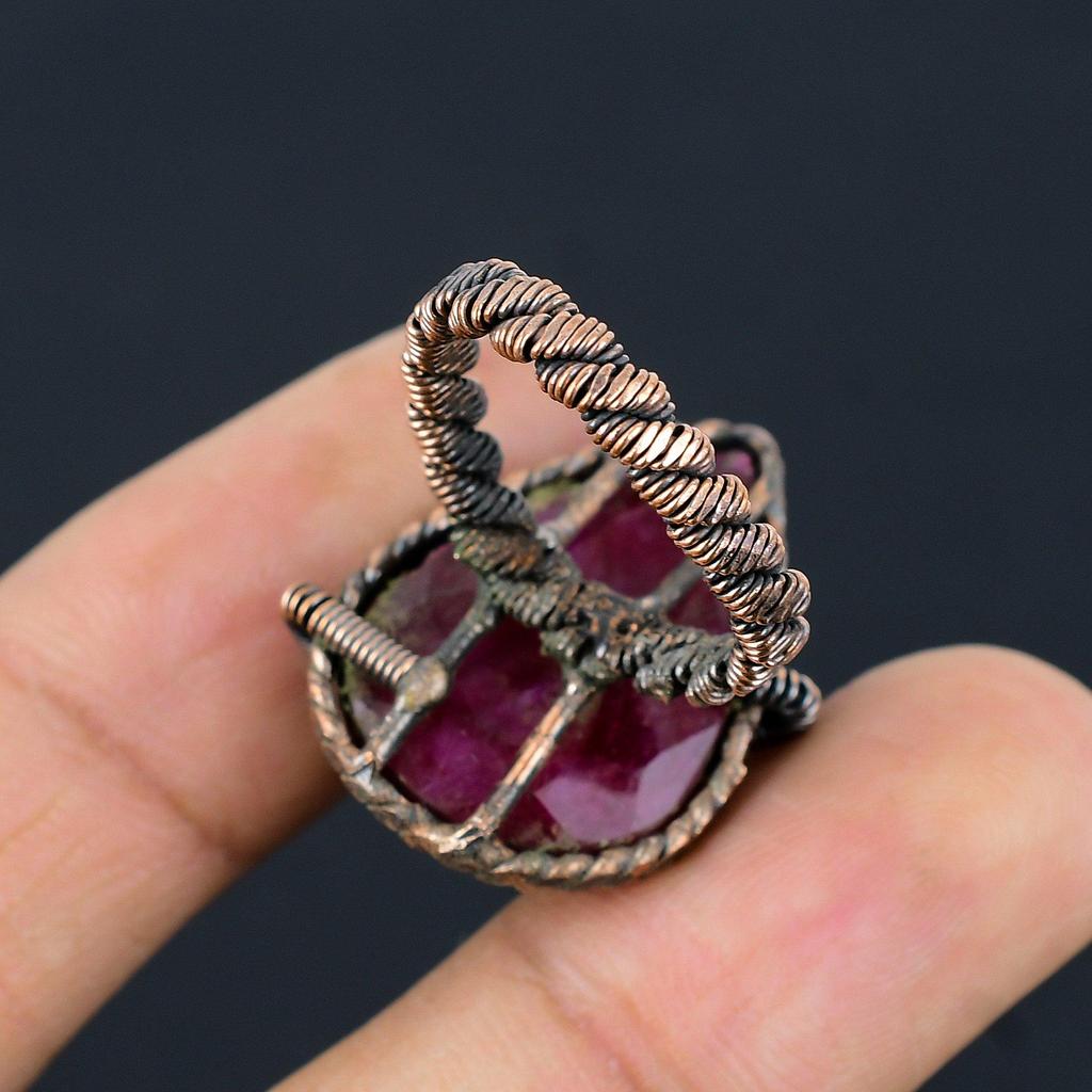 Lab-Created Ruby Gemstone Copper Wire Wrapped Handmade Jewelry Ring ...