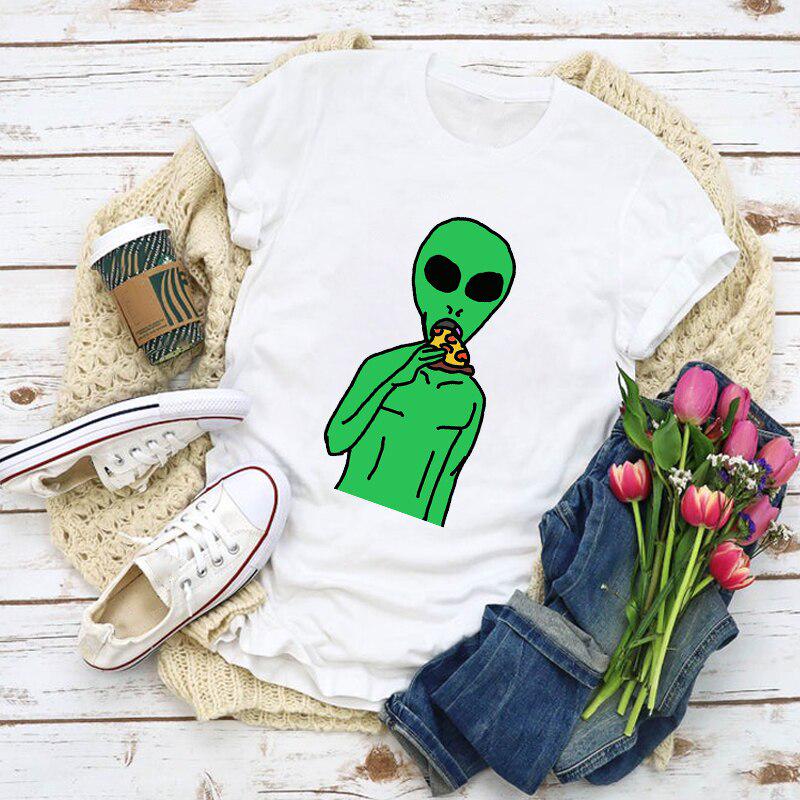 Buy Women Graphic Cartoon Alien Face Floral Flower Print Summer T Shirt ...