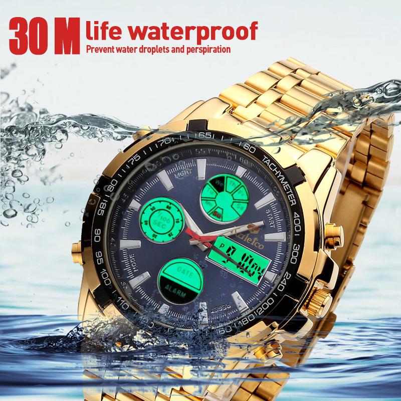 Multifunction Watch Double Movement Watch Gold Steel Belt Digital ...