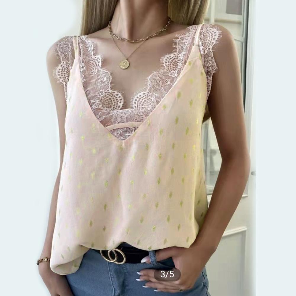 Elegant Women Summer Gold Dot Print Eyelash Lace Panel Cami Top uygun ...