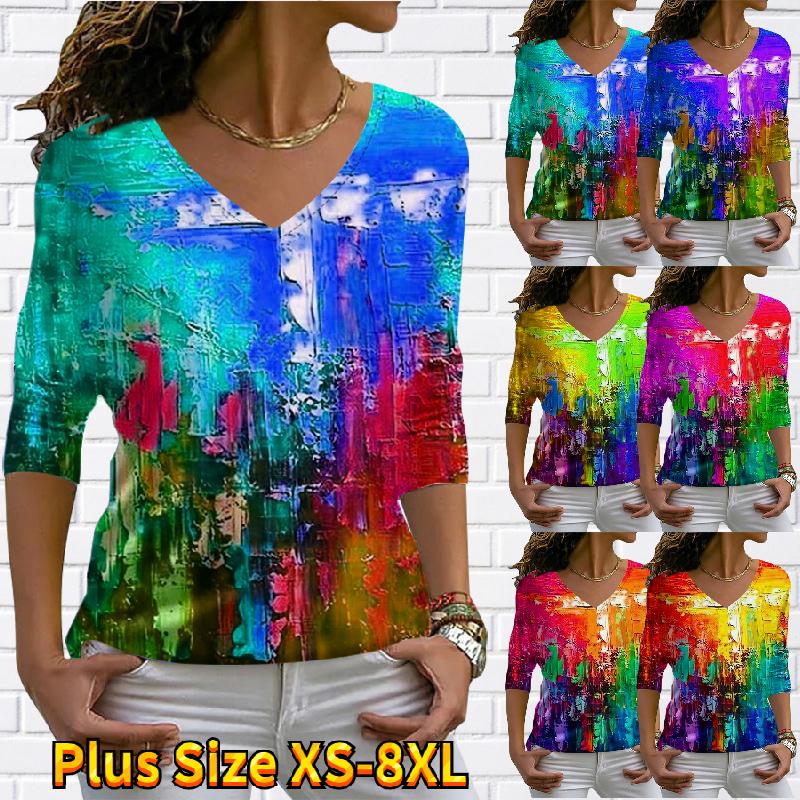 Buy Women Autumn Colored Walls Printed Long Sleeve T-Shirts Loose V ...
