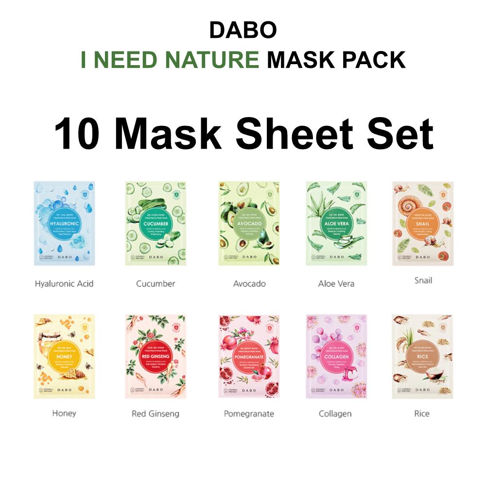 Dabo I Need Nature 10 Mask Sheet Set - Hyaluronic Acid Cucumber Avocado ...