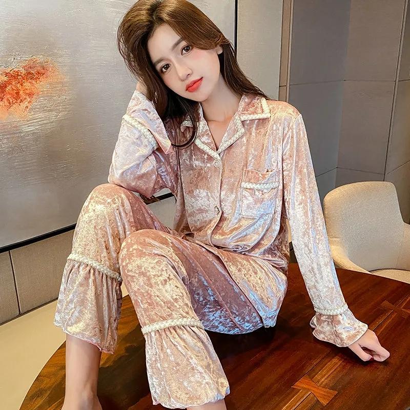Buy Women's Gold Velvet Pajamas Set Comfortable Gold Edge Tie Dye Long ...