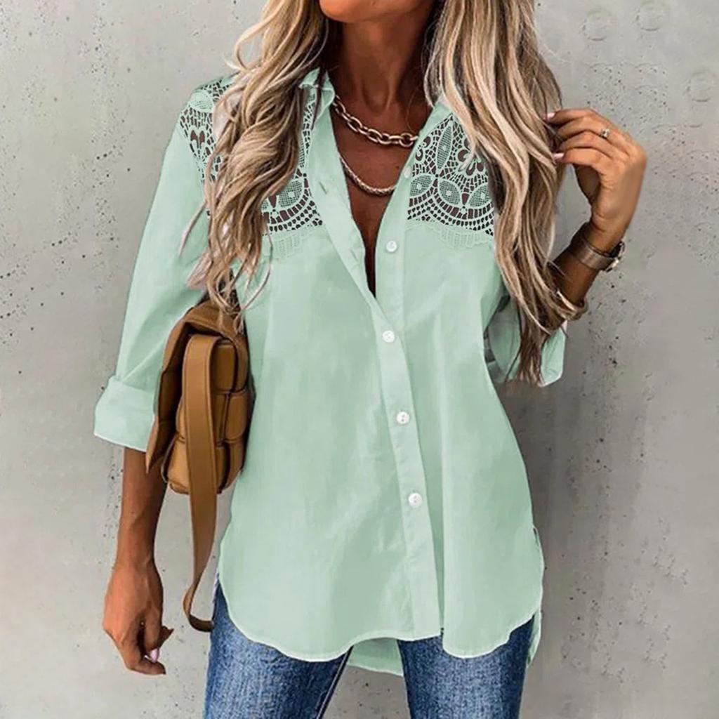 Camicette a maniche lunghe da donna in pizzo, casual, con scollo a V ...