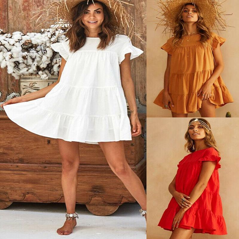 Buy Women Smock Summer Ladies Dress Holiday Beach Casual Loose Frill ...