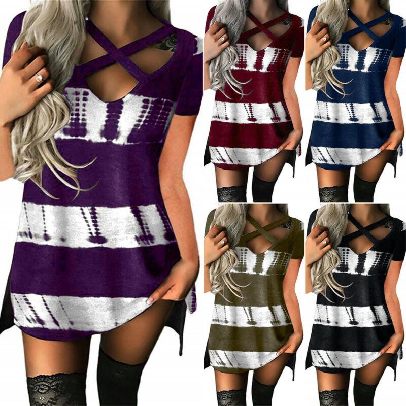 Womens Striped Shirt Plus Size Cross Criss Deep V Neck Short Sleeve ...