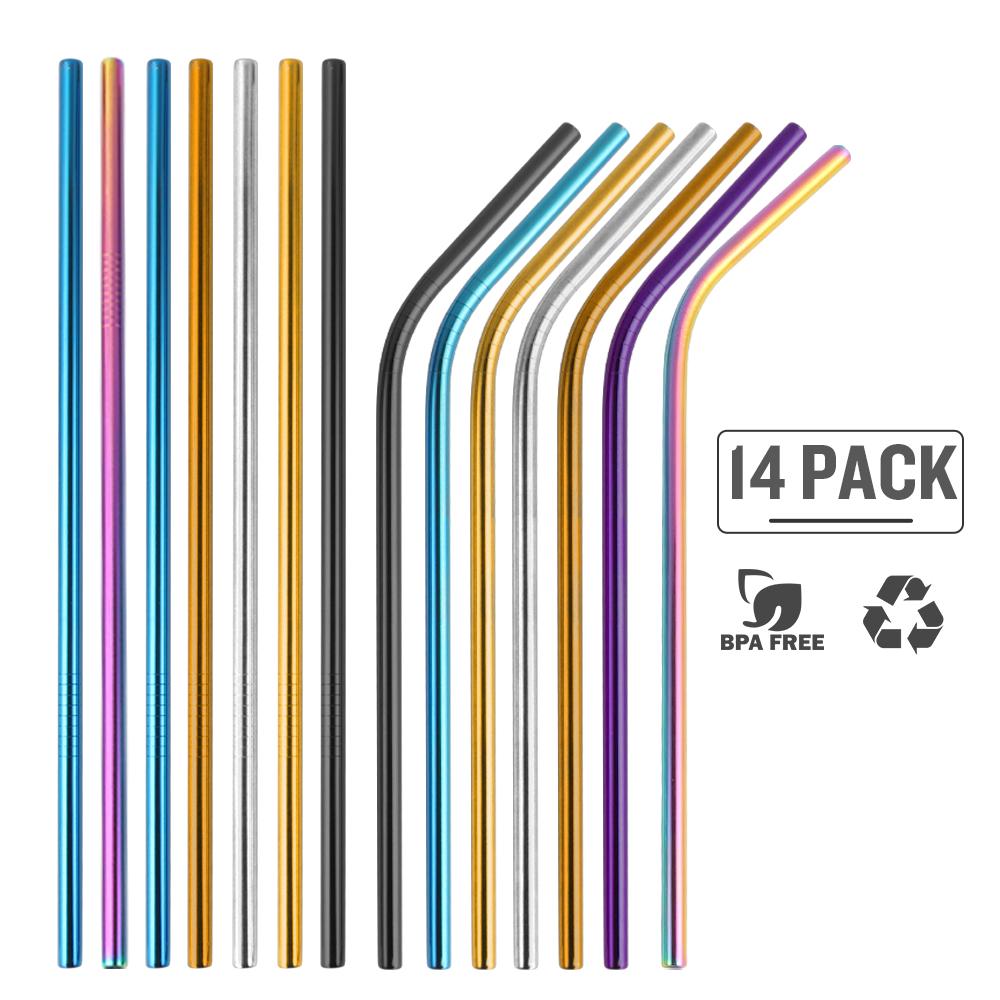 Buy 14pcs Multicolored Stainless Steel Straws Set Colorful Reusable ...